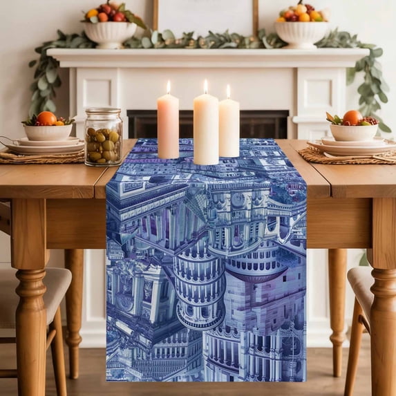 Blue Abstract Art Table Runner, Classical World-famous Buildings ...