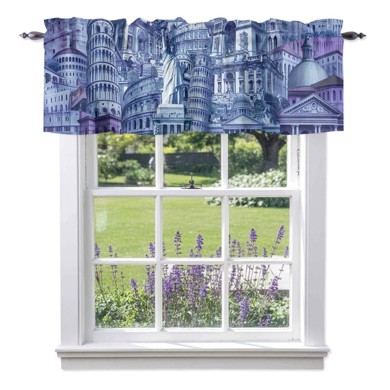Blue Abstract Art Valance Curtain Classical World-famous Buildings ...