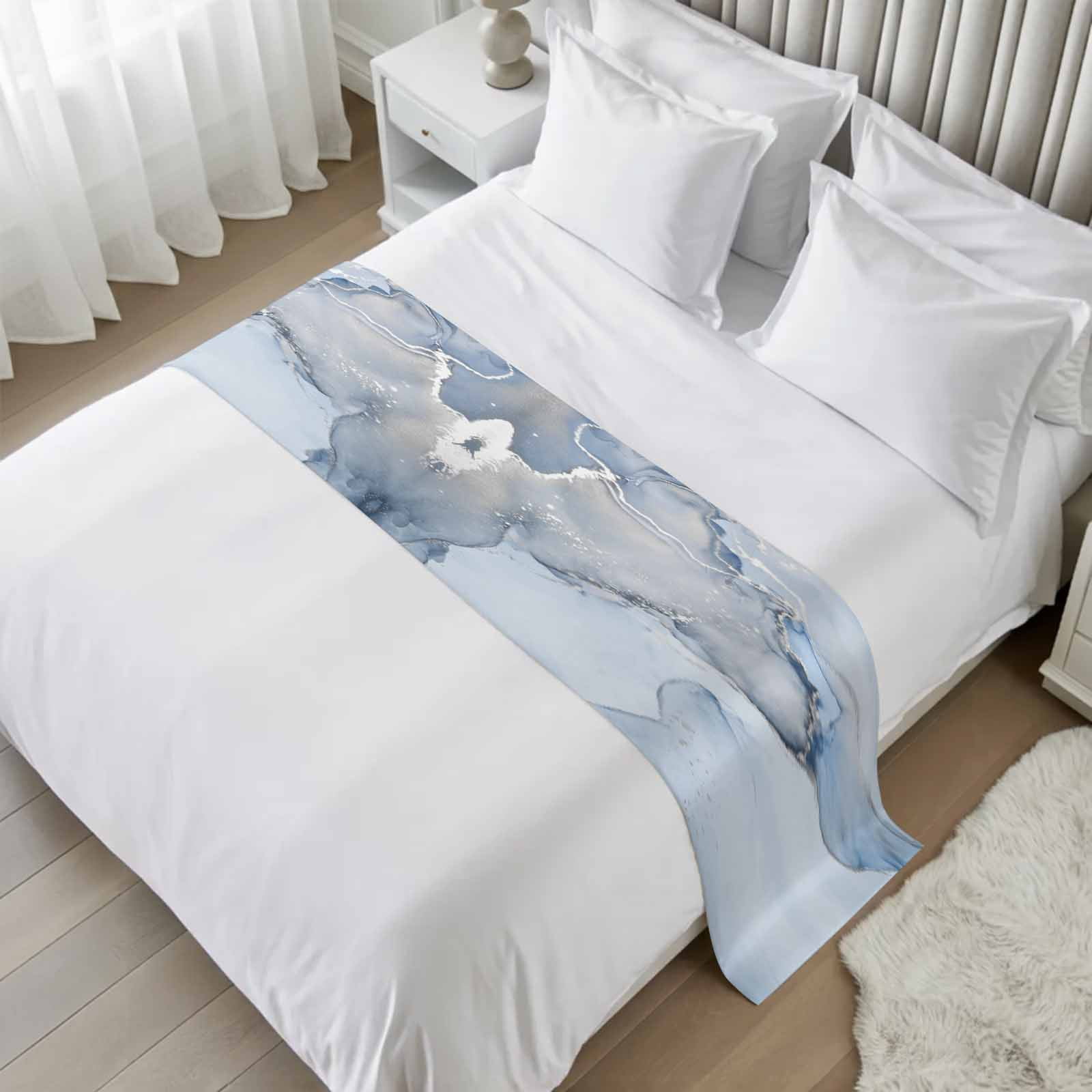 Blue Abstract Bed Runner Scarf, Marble Fluid Art Water Ripples King Bed ...