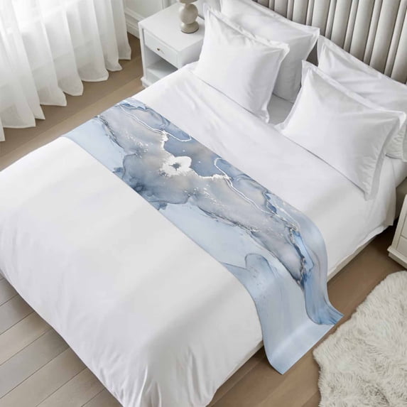 Blue Abstract Bed Runner Scarf, Marble Fluid Art Water Ripples King Bed ...
