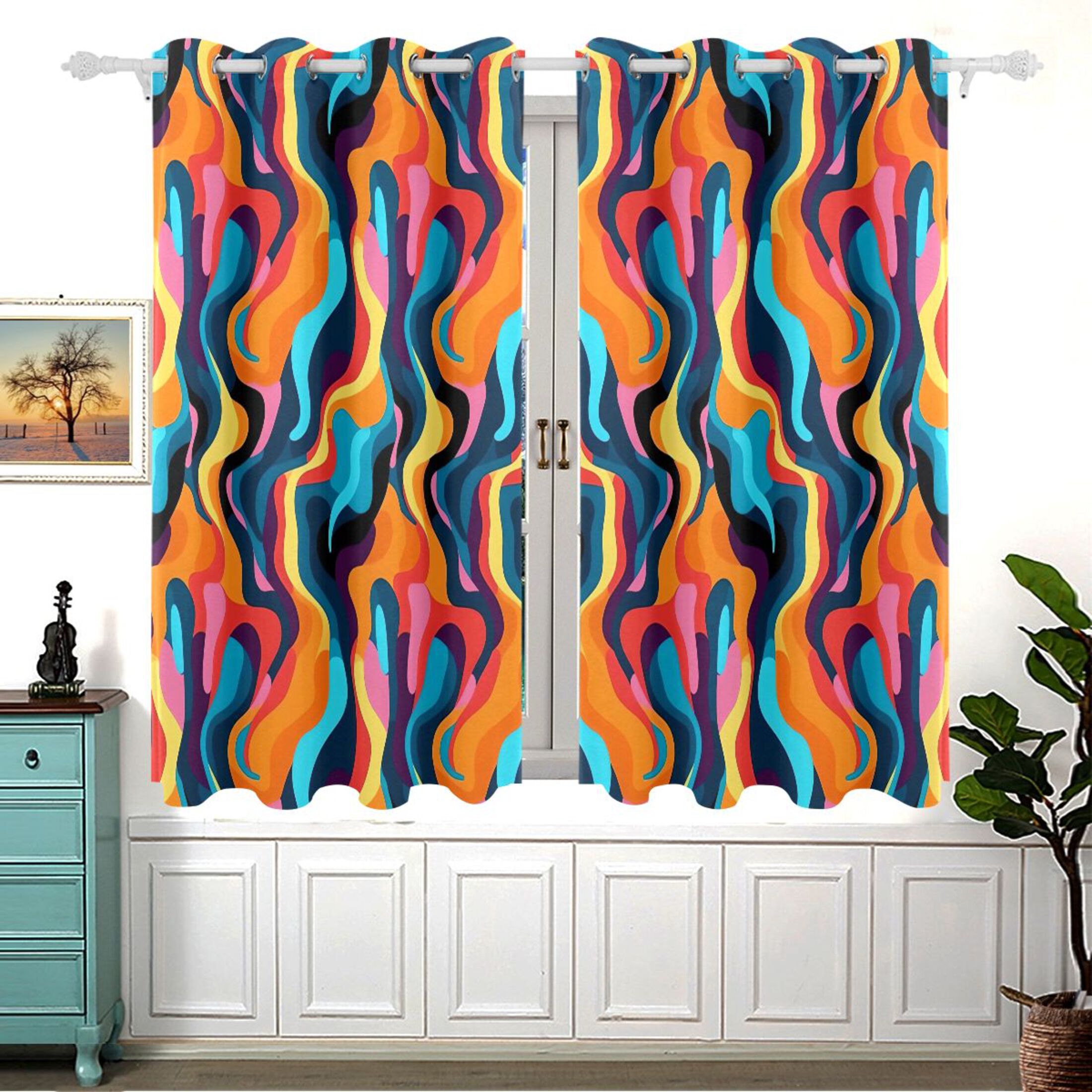 Blue Abstract Blackout Curtains Window Grommet Insulated Curtain ...