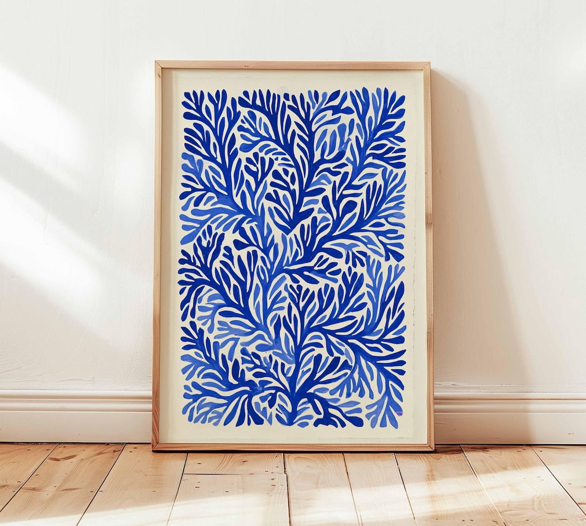 Blue Abstract Botanical Modern Nature Inspired Minimalist Plant Decor ...