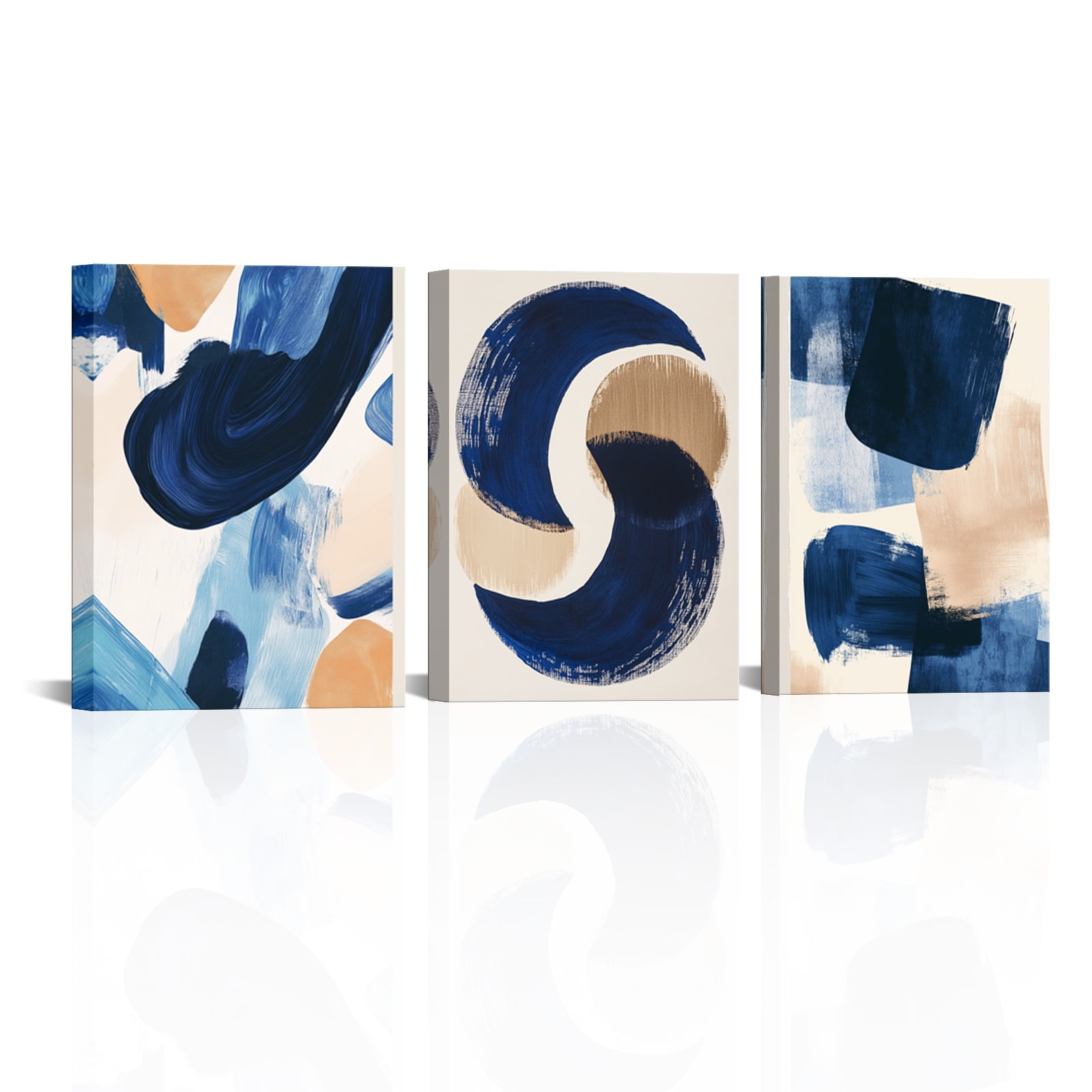 Blue Abstract Canvas Wall Decor Framed Modern Wall Art Set of 3 Neutral ...