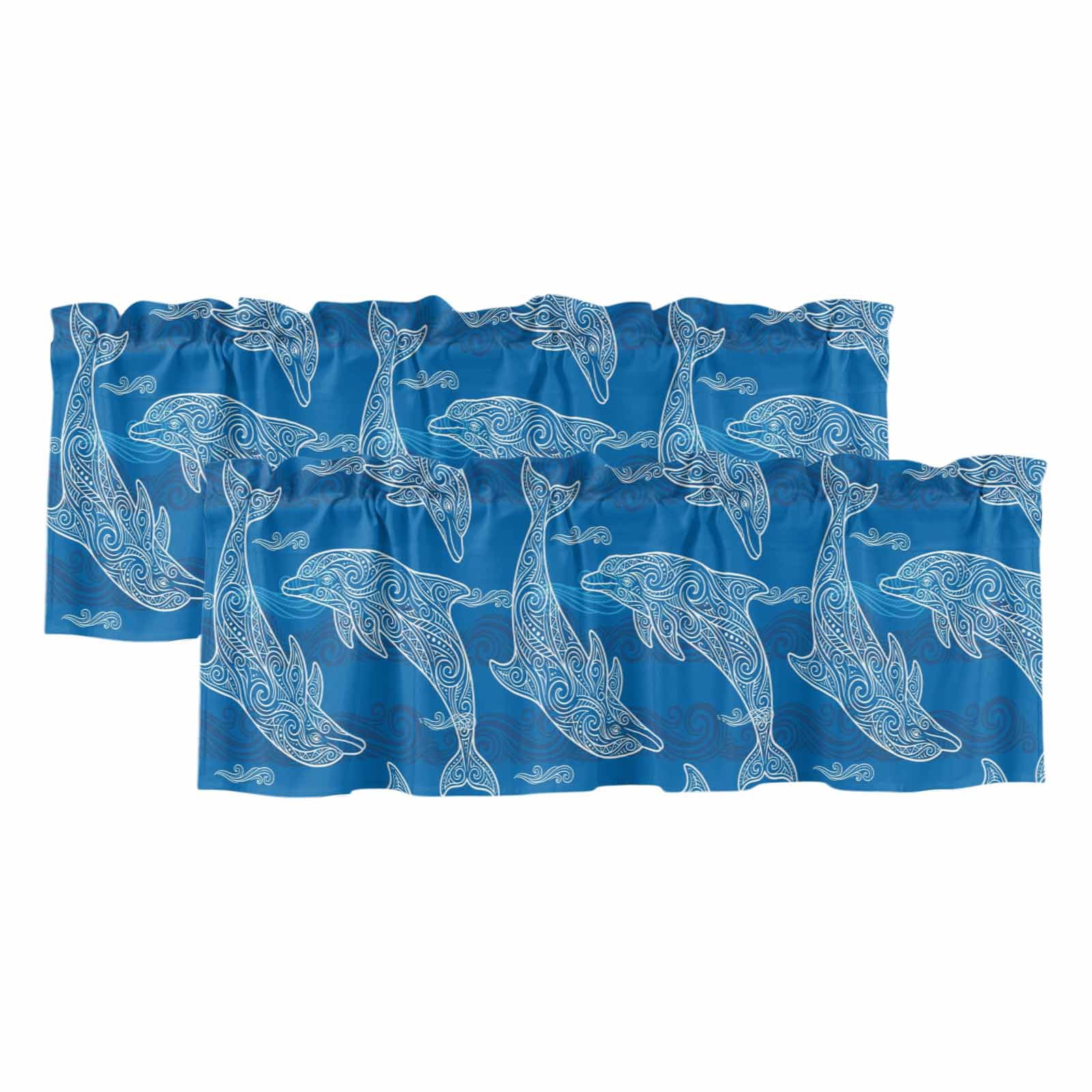 Blue Abstract Dolphin 2 Panels Kitchen Valance, Curves Ocean Waves ...