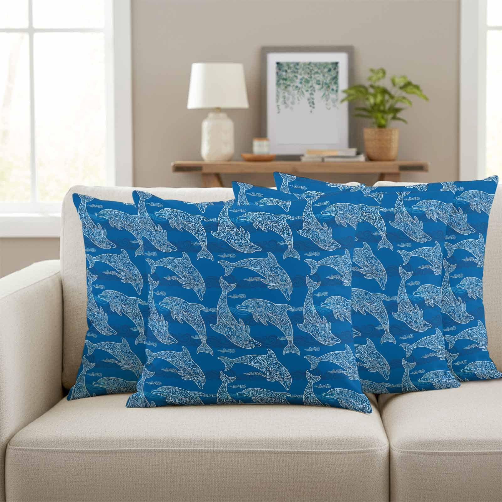 Blue Abstract Dolphin Pillow Covers Set of 4, Curves Ocean Waves Ethnic ...