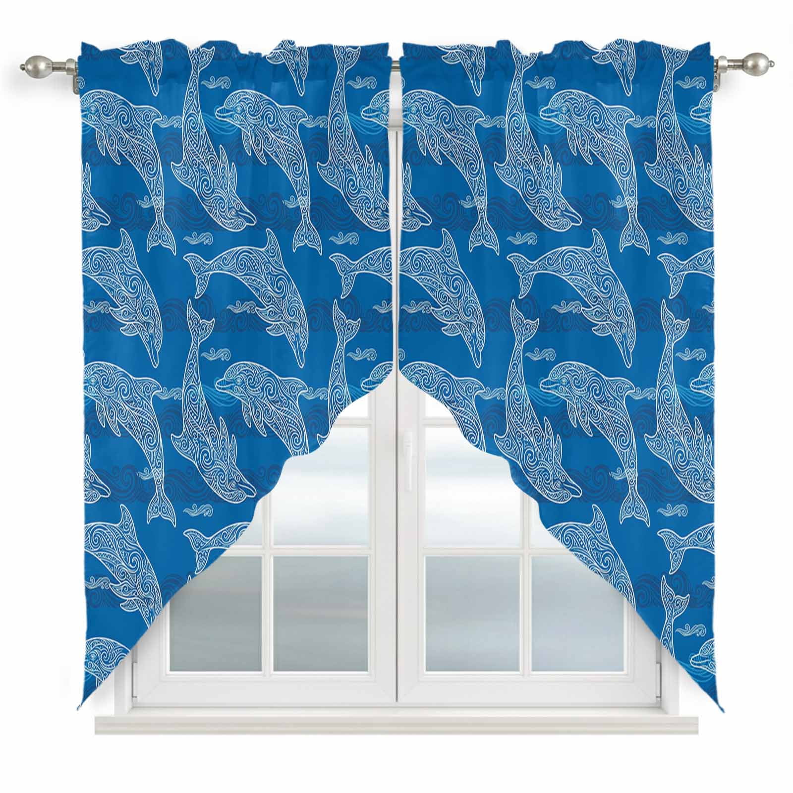 Blue Abstract Dolphin Swag Curtain Valance for Window 2 Panels Curves ...