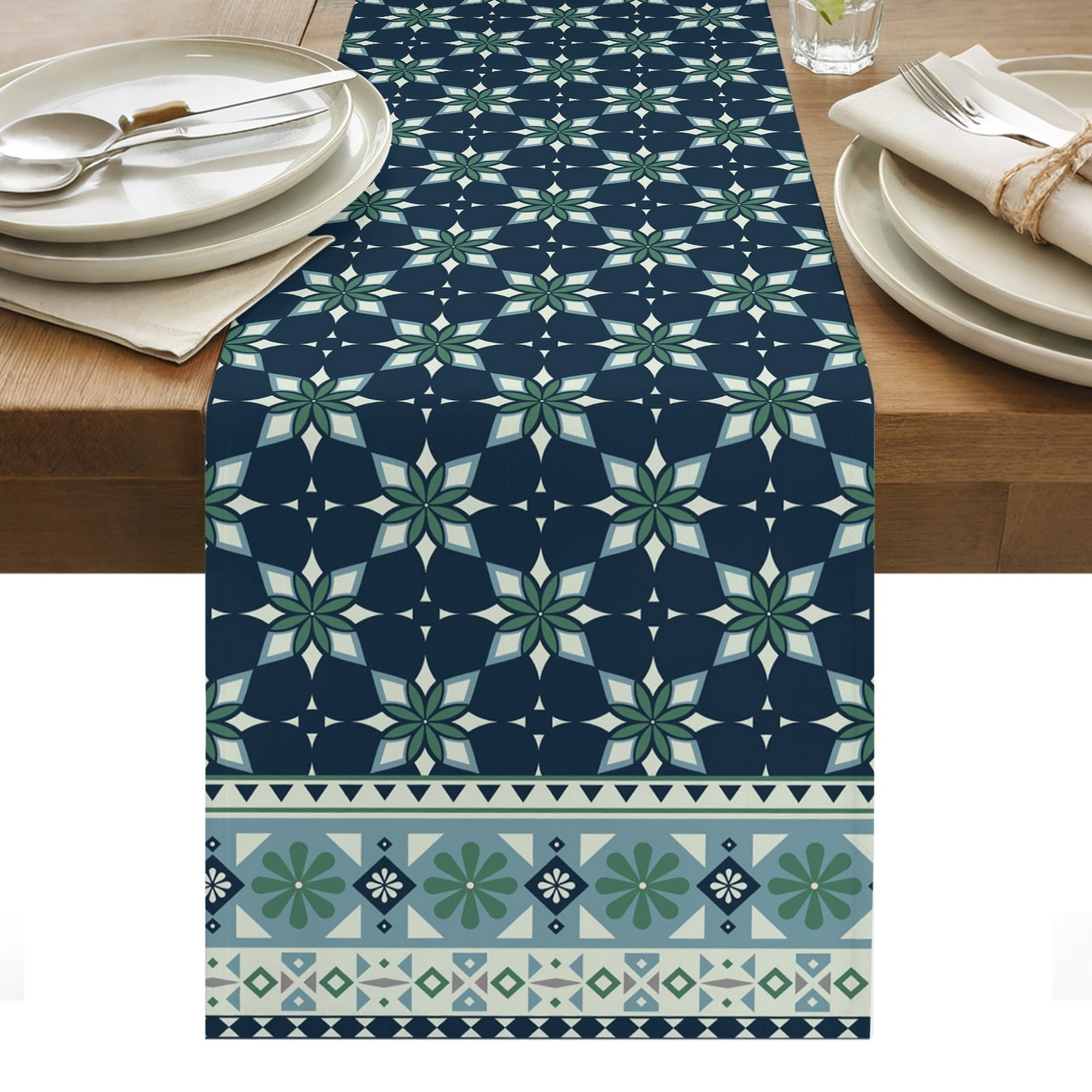 Blue Abstract Floral Cotton Linen Table Runner Country Vintage Tribal ...