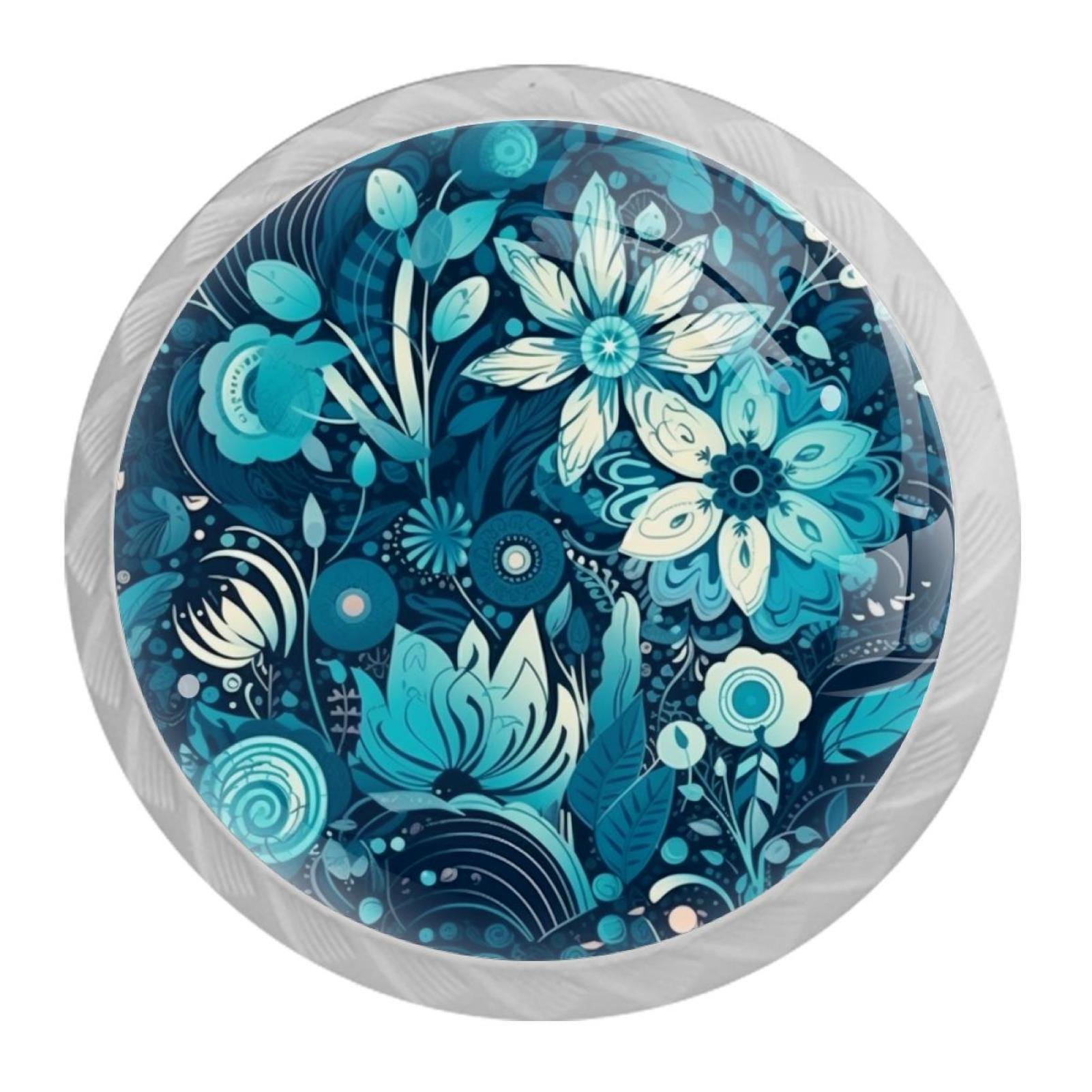 Blue Abstract Floral Pattern Drawer Knobs, 4 Piece Set Decorative ...