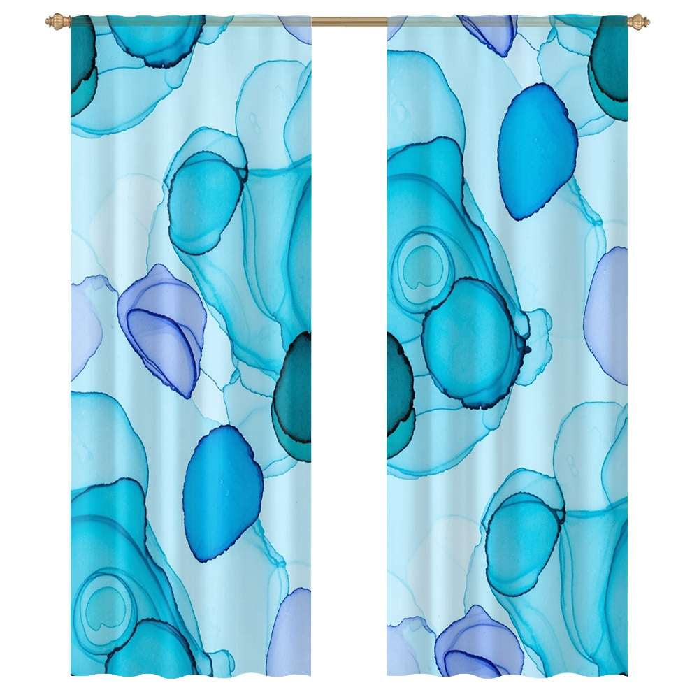 Blue Abstract Floral Print Tulle Curtains For Living Room Chiffon Sheer ...