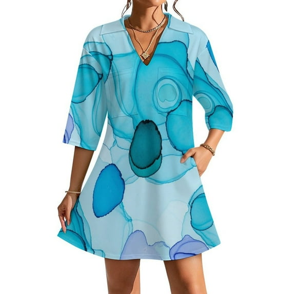 Blue Abstract Floral Print Womens Dress With Pockets Summer V Neck 3/4 ...