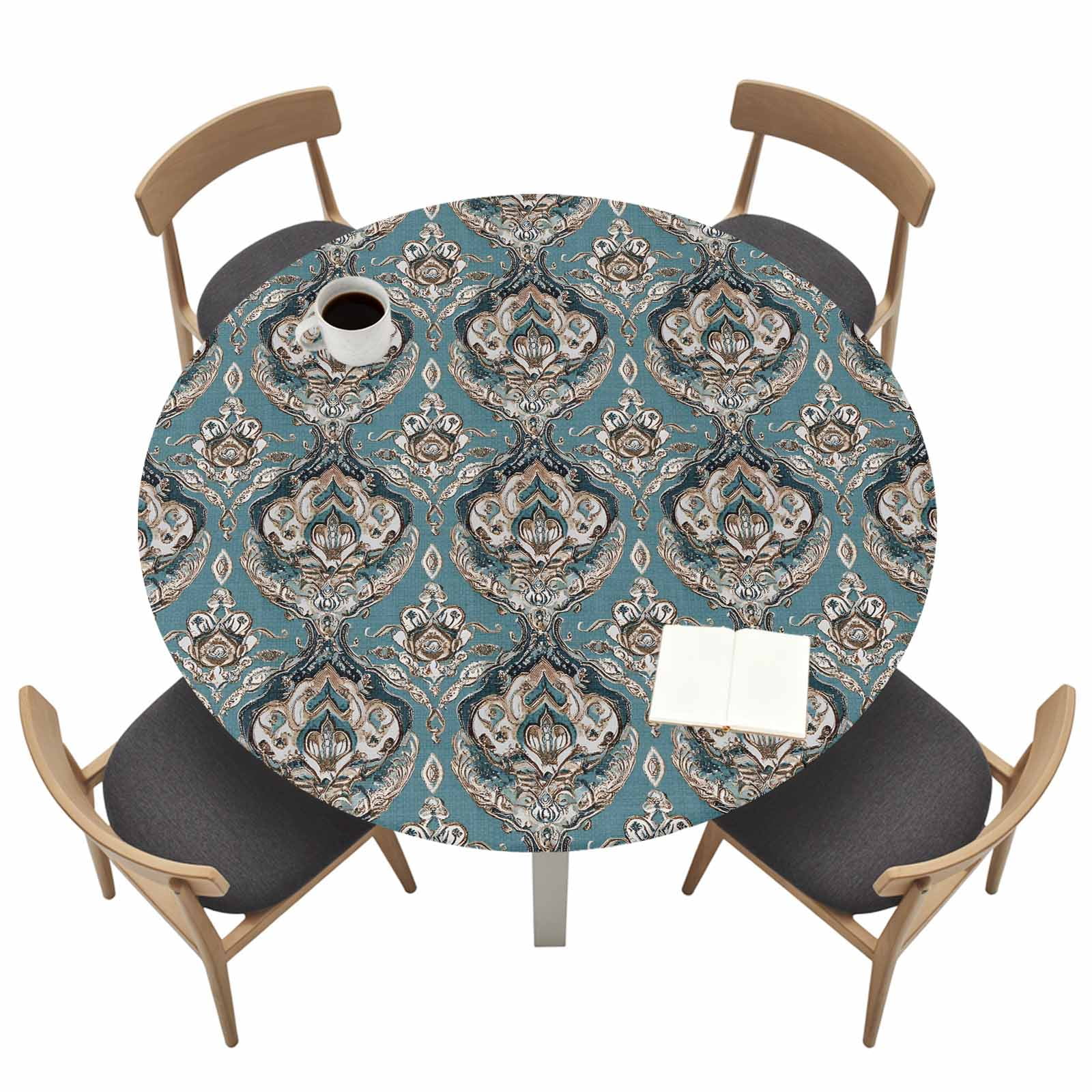Blue Abstract Flower Round Fitted Tablecloth with Elastic Edge Vintage ...