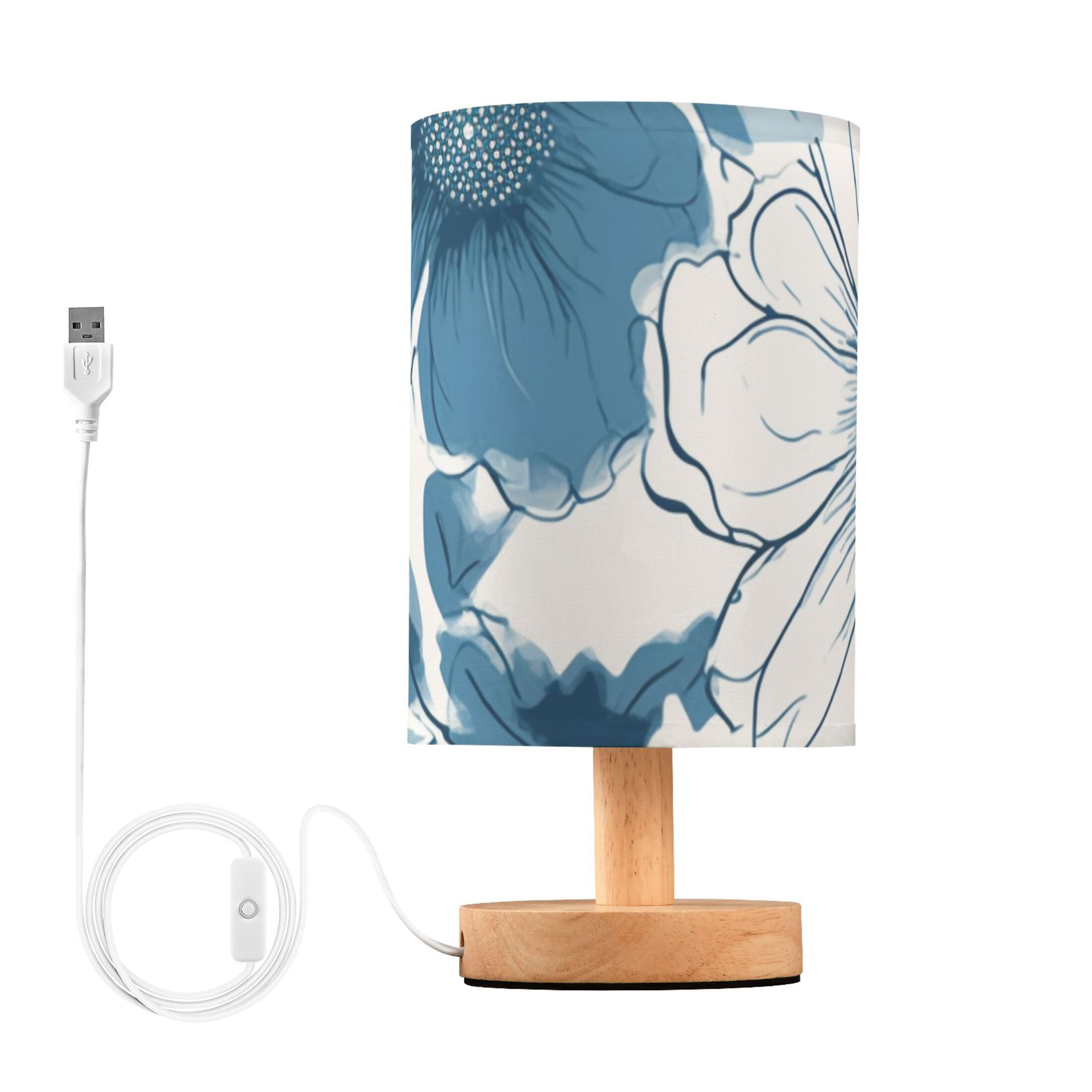 Blue Abstract Flowers Bedside Table Lamp LED Warm Lights with USB ...