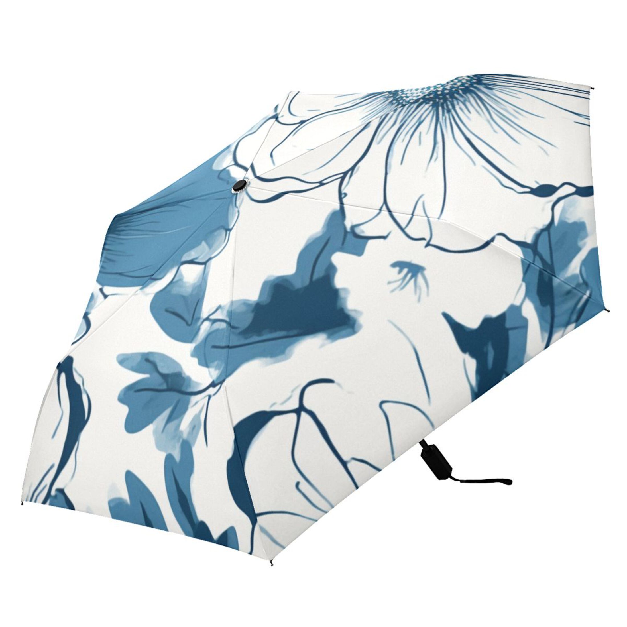Blue Abstract Flowers Compact Folding Umbrella for Rain Windproof ...