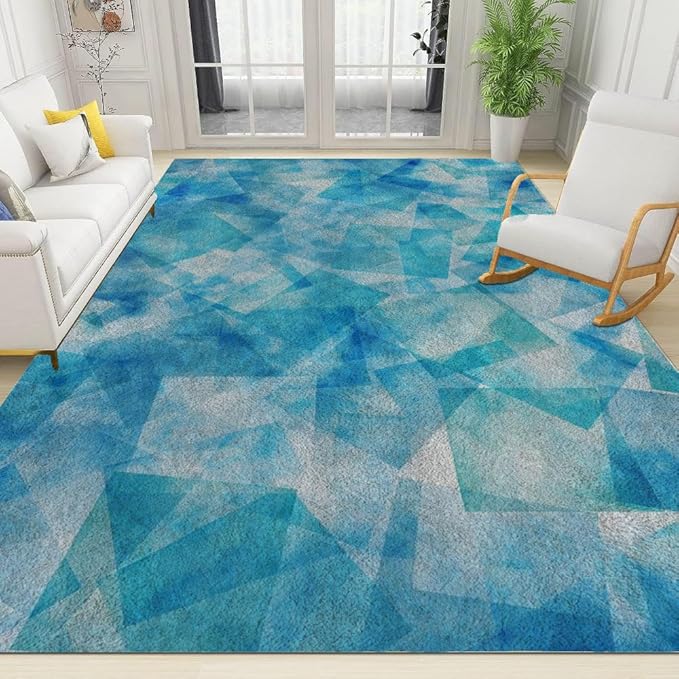 Blue Abstract Geometric Area Rug, Irregular Shaped Rug, Indoor Decor ...