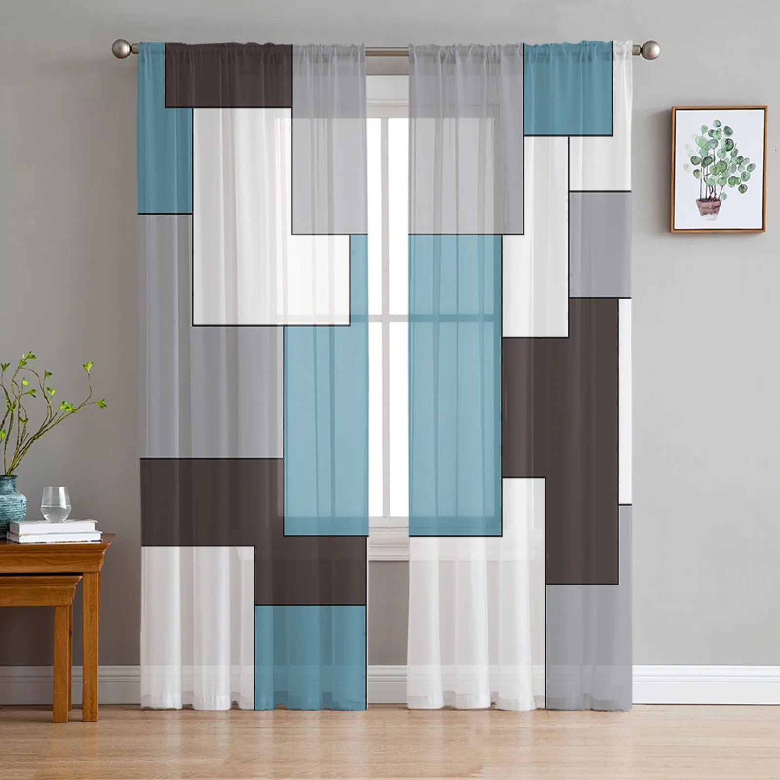 Blue Abstract Geometric Mid Century Tulle Voile Curtains For Bedroom ...
