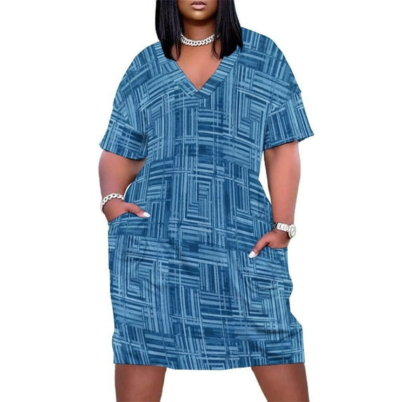 Blue Abstract Geometric Square Pattern Loose Pocket Dress Dresses ...