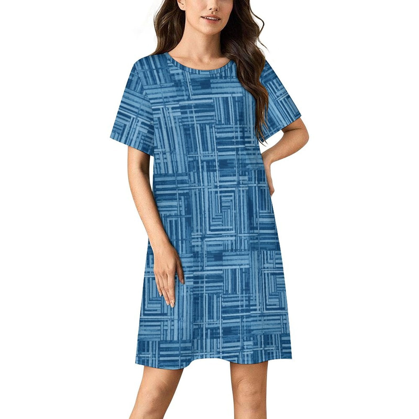 Blue Abstract Geometric Square Pattern Women Nightgown Sleepwear Short ...