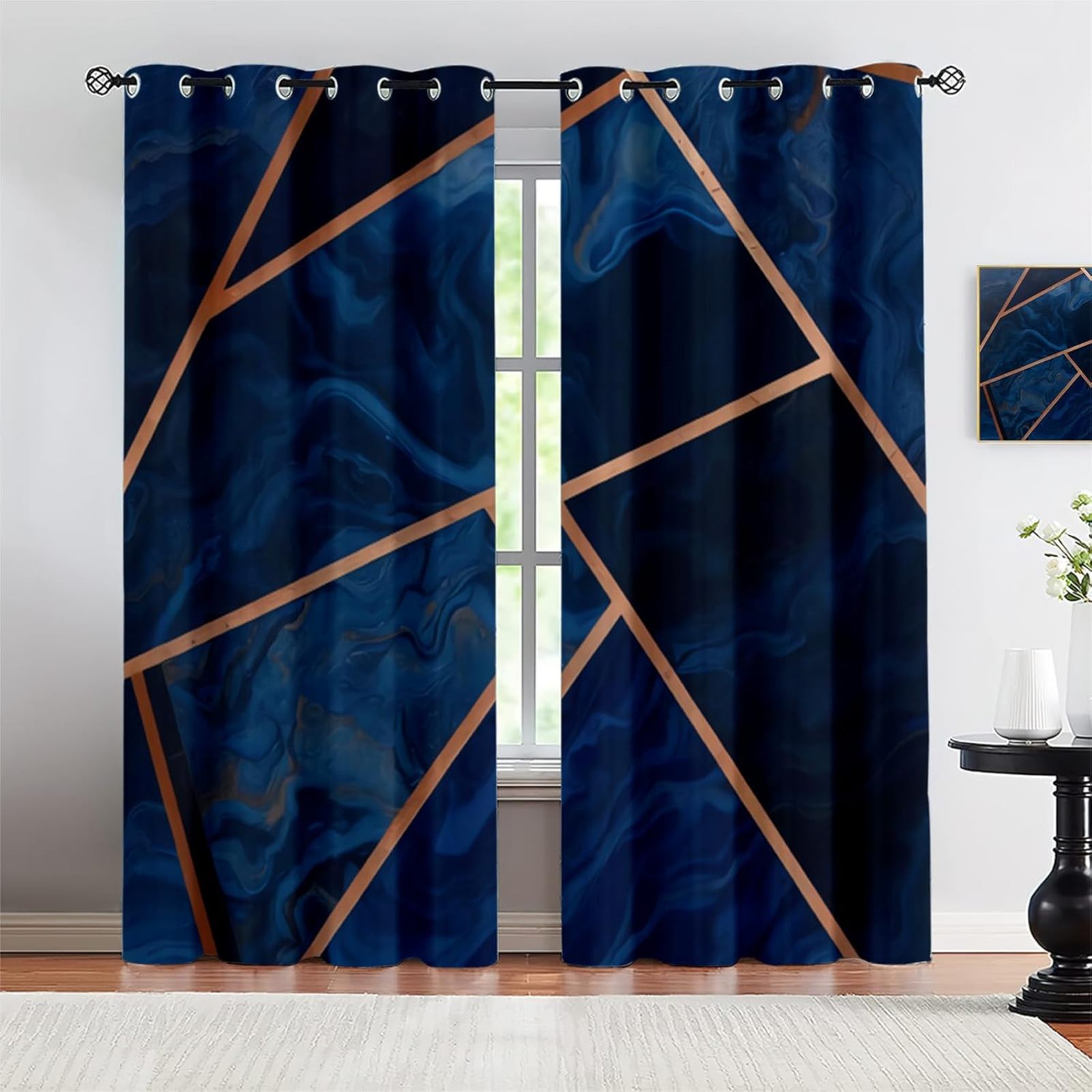Blue Abstract Geometry Blackout Curtains, Dark Blue Marble Geometry 3D ...