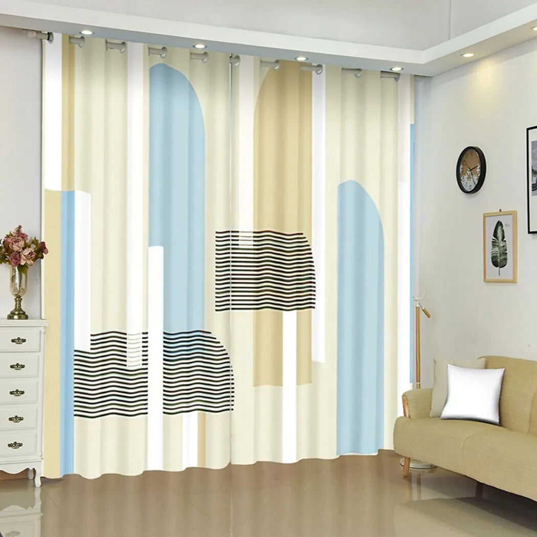 Blue Abstract Gray Geometric Curtain Memphis 80S Polyester Pongee ...