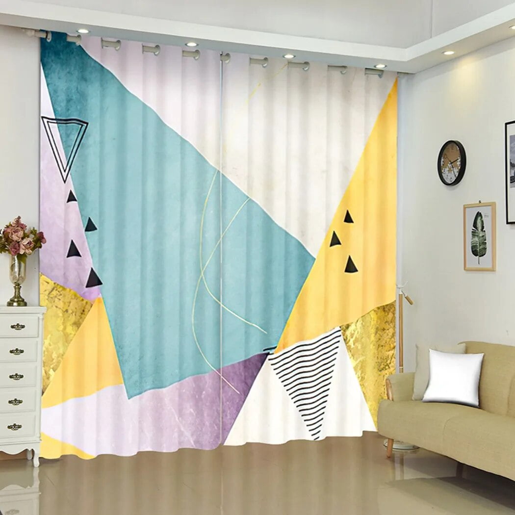 Blue Abstract Gray Geometric Curtain Memphis 80S Polyester Pongee ...