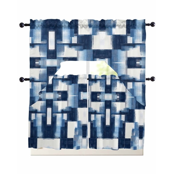 Blue Abstract Kitchen Curtain and Valance Set 3 Pieces, Rod Pocket ...