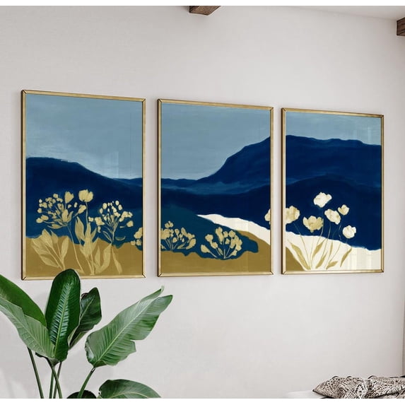 Blue Abstract Landscape Modern Botanical Nature Wall Art Set 3 Unframed ...