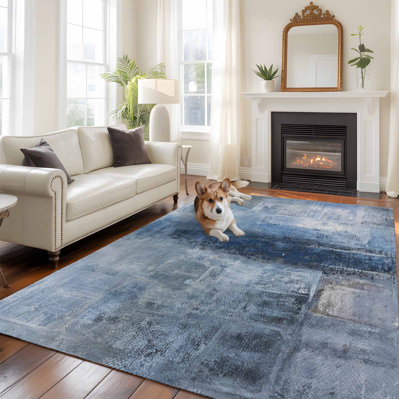 Blue Abstract Large Area Rugs 8x10 ft Vintage Graffiti Mottled Texture ...