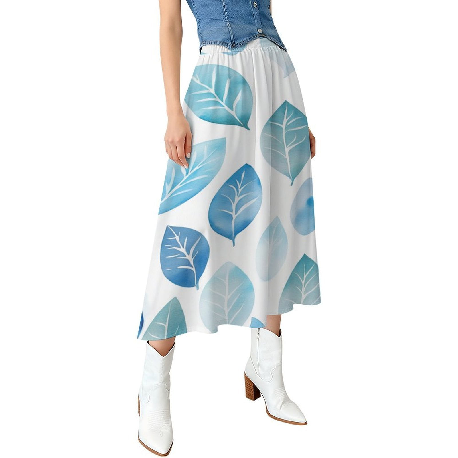Blue Abstract Leaf Pattern Women High Waist Midi Skirt Elegant Midi Skirt High Waist A-line for ...