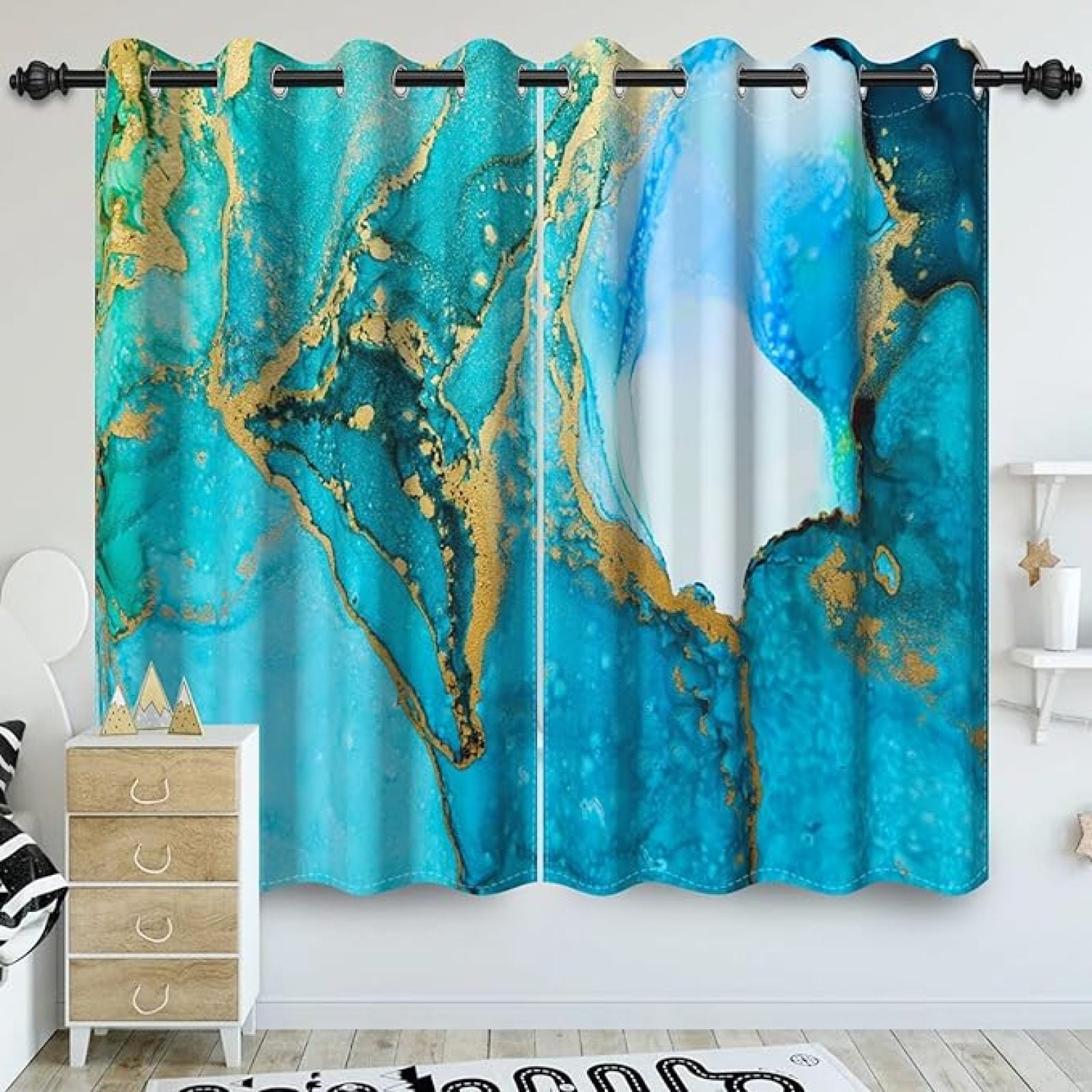 Blue Abstract Marble Blackout Curtains For Sliding Glass Door Sunlight ...