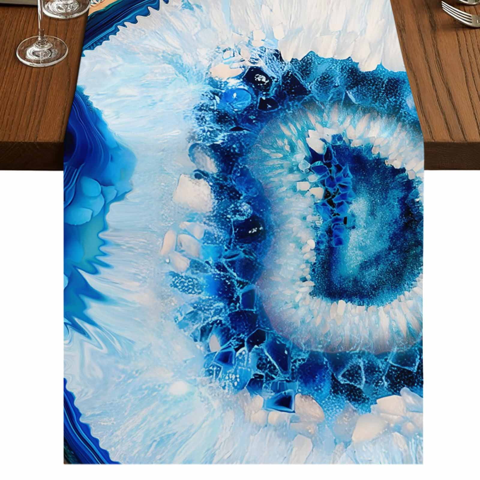 Blue Abstract Marble Short Table Runner 36 Inches Long, Modern Abstract ...