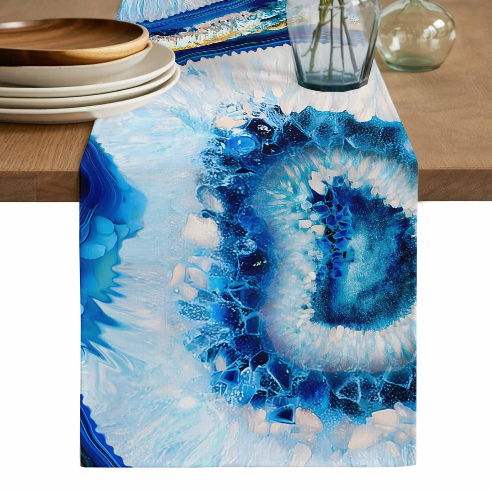 Blue Abstract Marble Table Runner, Modern Abstract Art Washable Cotton ...