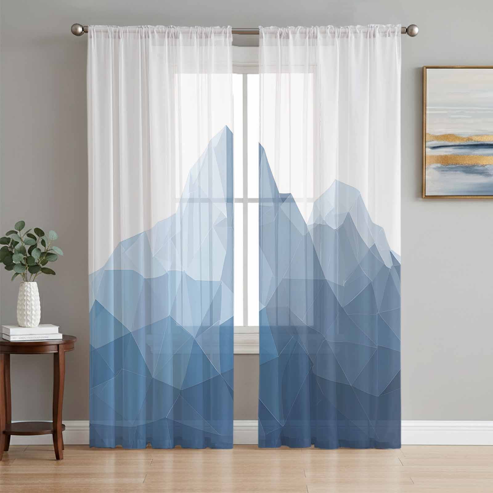 Blue Abstract Mountain Sheer Curtains for Living Room Bedroom Gradient ...