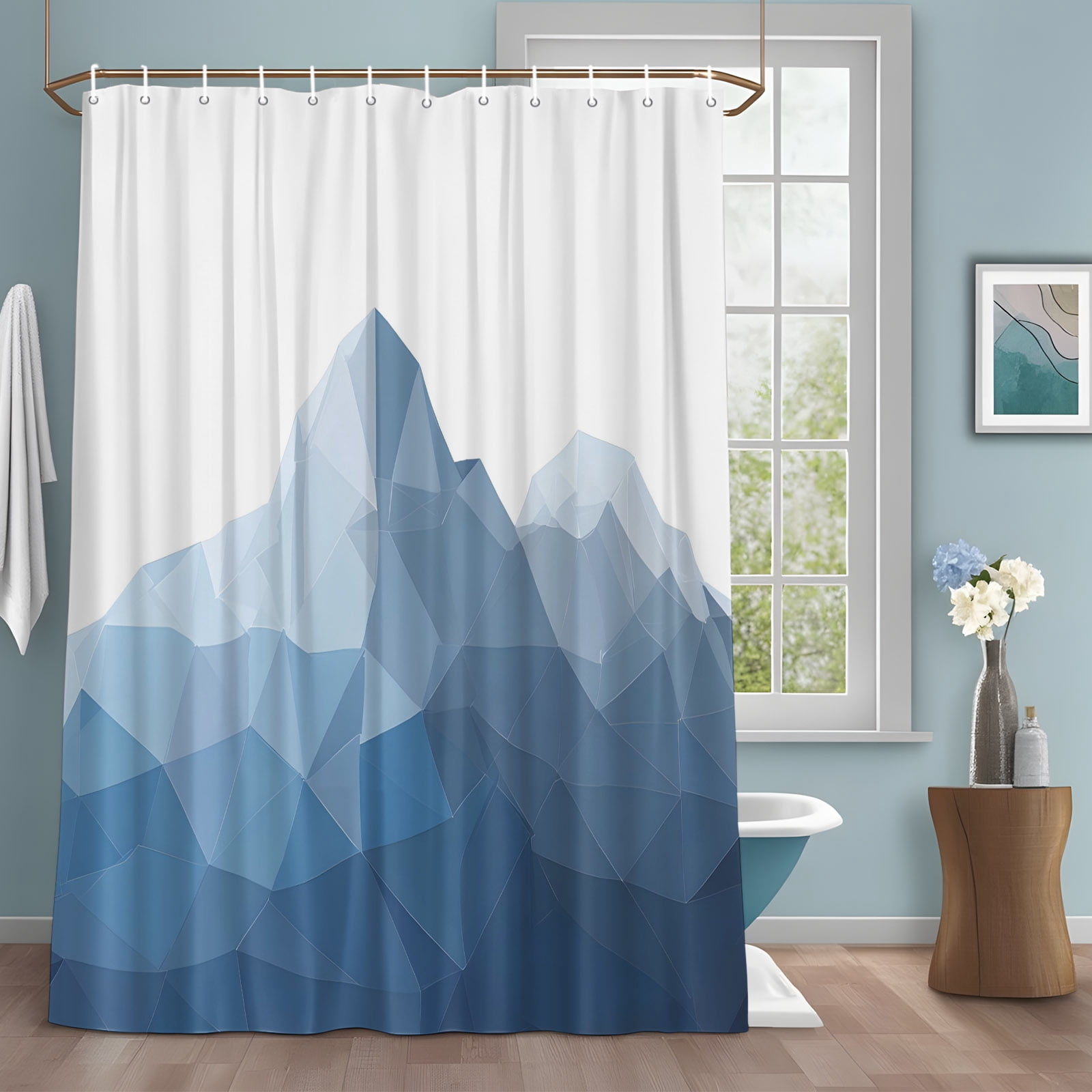 Blue Abstract Mountain Shower Curtain with Hooks, Color Blocks Gradual ...