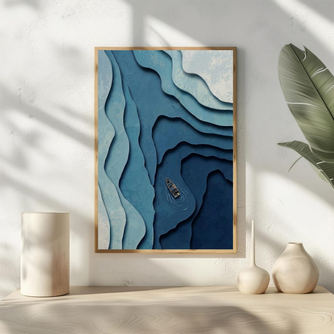 Blue Abstract Ocean Paper Cut Style Lone Boat Coastal Decor, Stretched ...