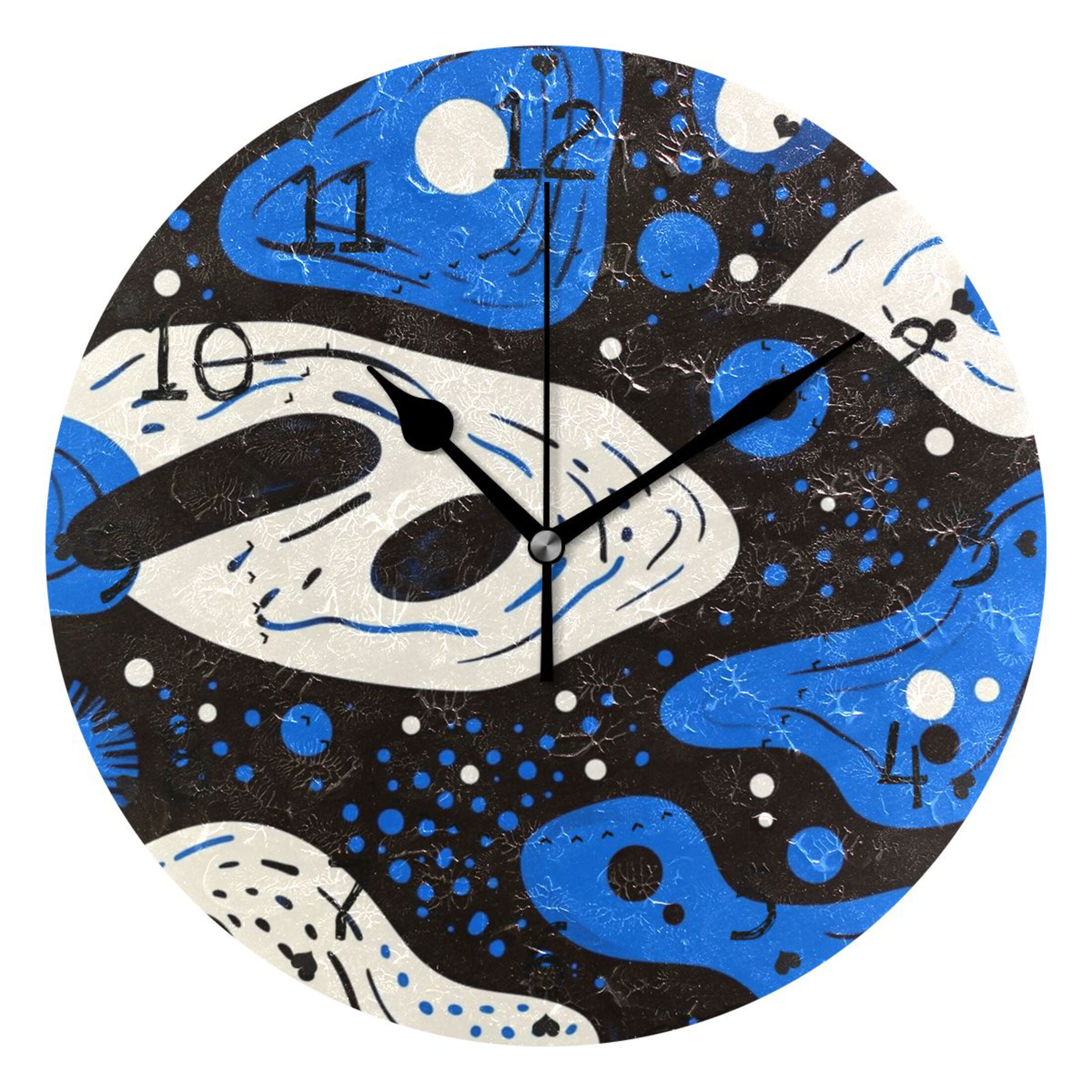Blue Abstract Organic Round Wall Clock Silent Battery Operated Home ...