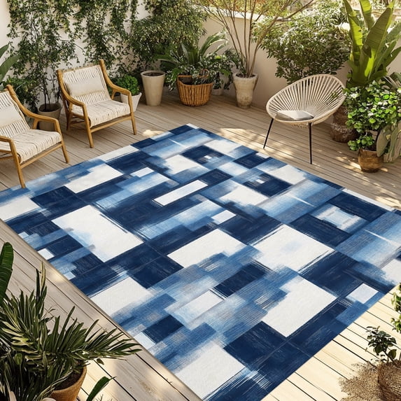 Blue Abstract Outdoor Rug, Brush Texture Non-Slip Area Rugs Carpet ...