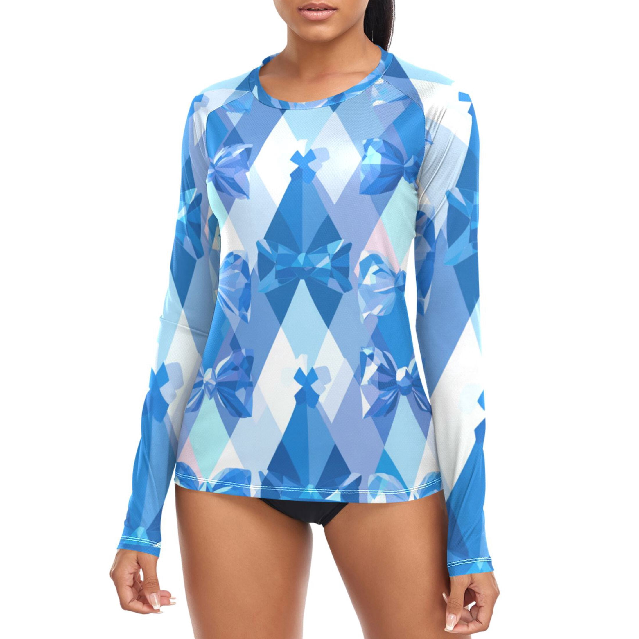 Blue Abstract Patterns Crystal Liked Bows Women's Rash Guard Shirts UPF ...