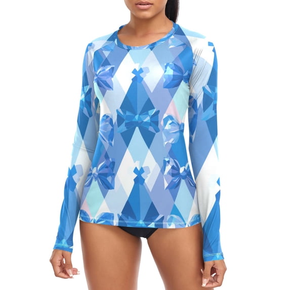 Blue Abstract Patterns Crystal Liked Bows Women's Rash Guard Shirts UPF ...