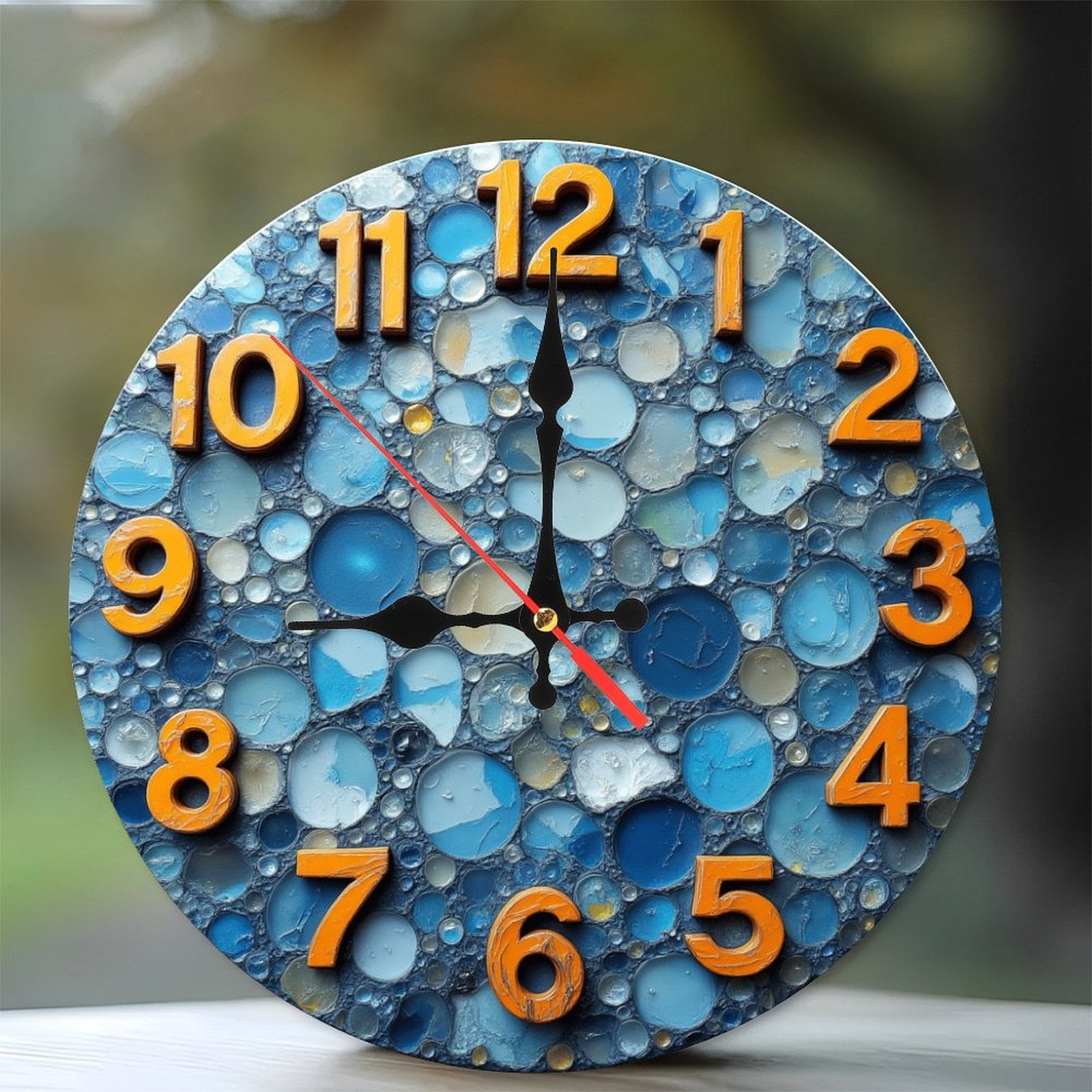 Blue Abstract Pebble Wall Clock Orange Numbers 10-Inch Silent Wooden ...