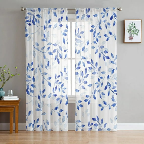 Blue Abstract Plant Leaf Texture Bedroom Transparent Sheer Curtains ...