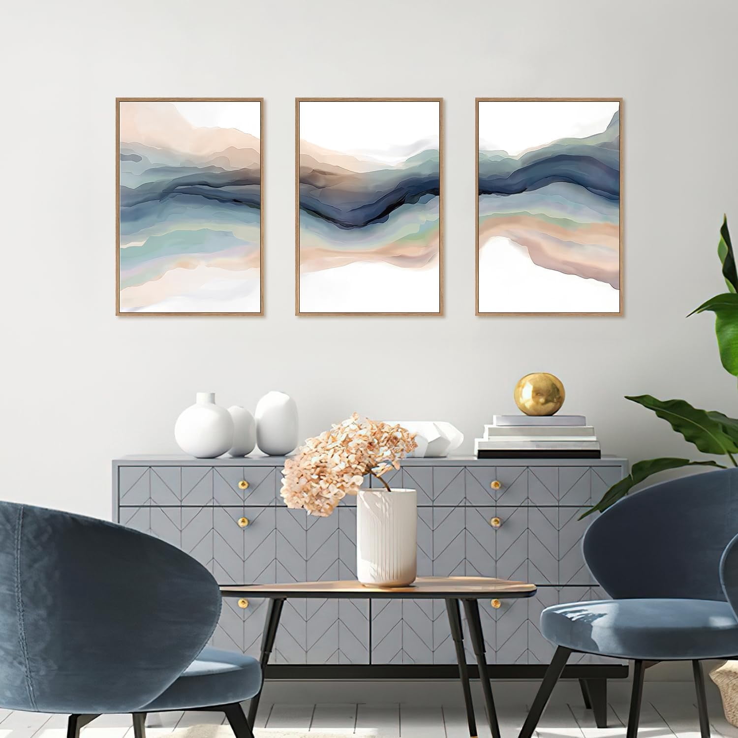Blue Abstract Poster Modern Wave Line Art Wall Decor For Living Room ...