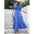Blue Abstract Print Smocked Maxi Dress With Ruffle Short Sleeves Crew ...