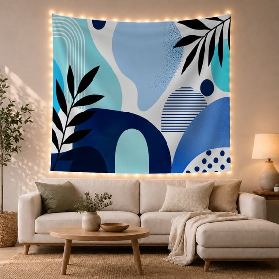 Blue Abstract Shapes With Black Leaves, Calming Abstract Style for Art ...