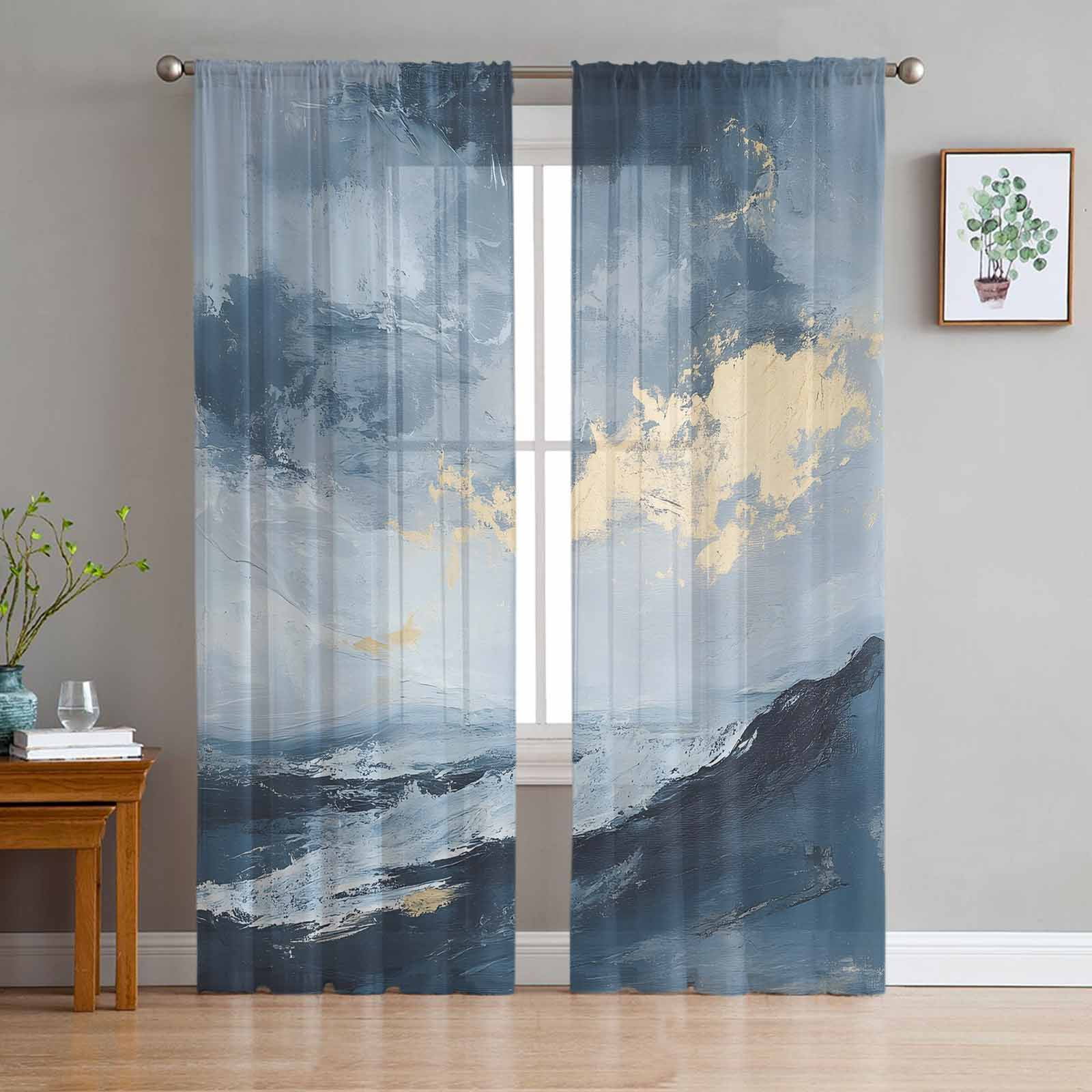 Blue Abstract Sheer Curtains 108 Inch Length 2 Panels Set for Living ...