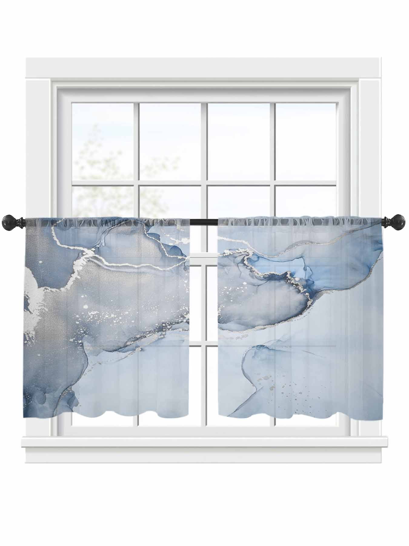 Blue Abstract Sheer Curtains 45 Inch Long 2 Panels, Marble Fluid Art ...