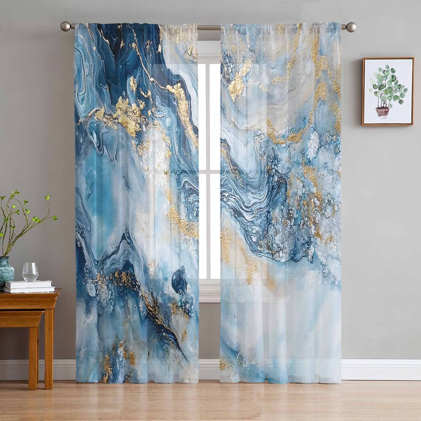 Blue Abstract Sheer Curtains 72 Inch Length 2 Panels Set for Living ...