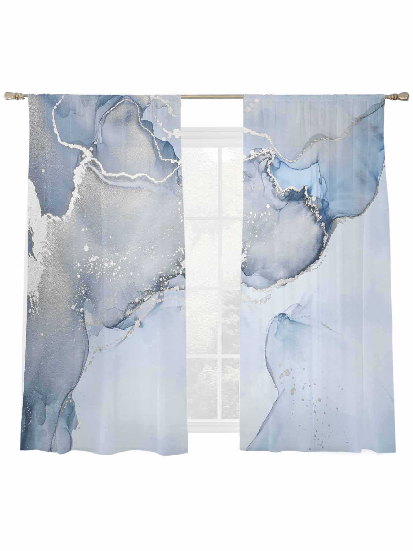 Blue Abstract Sheer Curtains 72 inches Long, Marble Fluid Art Light ...