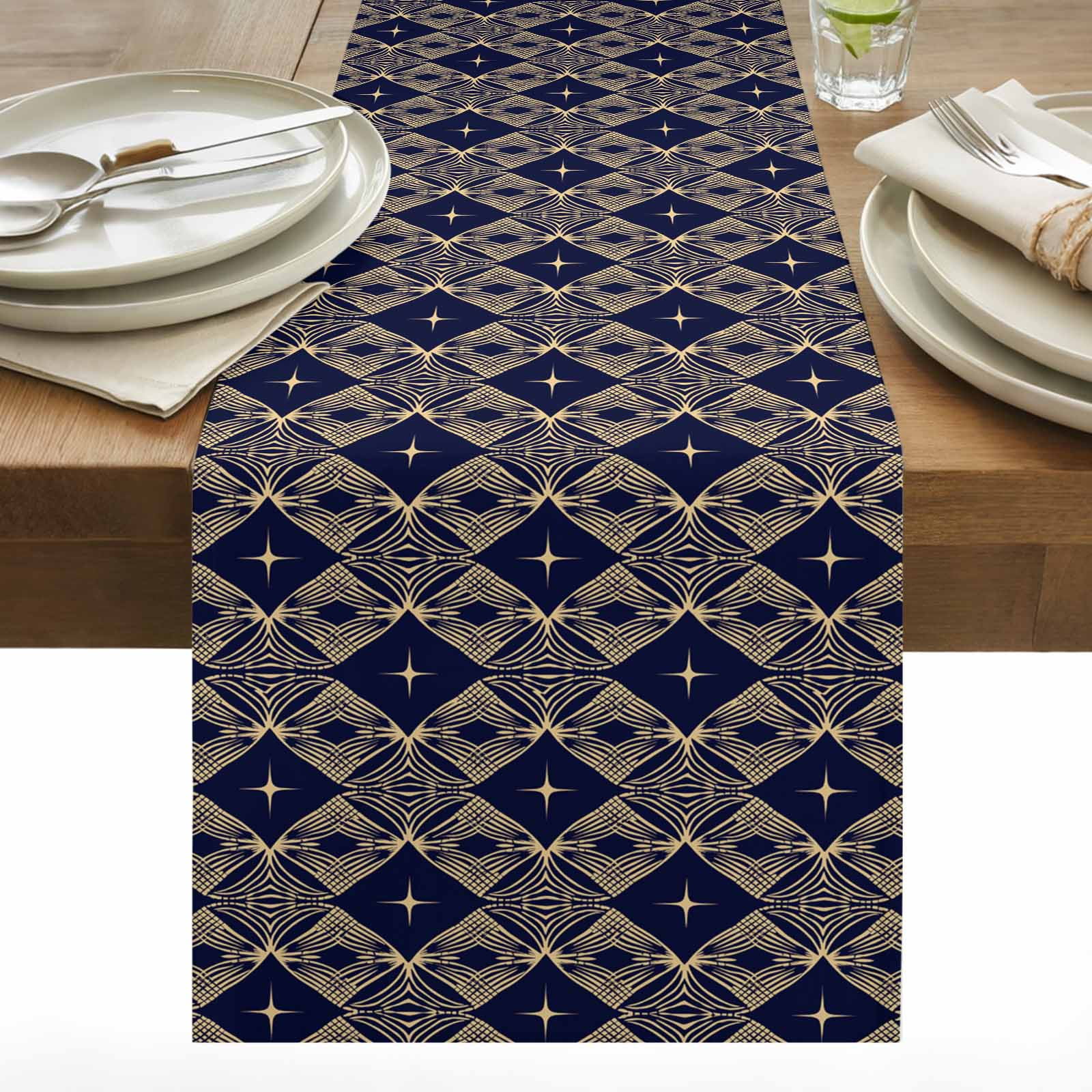 Blue Abstract Table Runner 13x120 inch Modern Mural Pattern Cotton ...