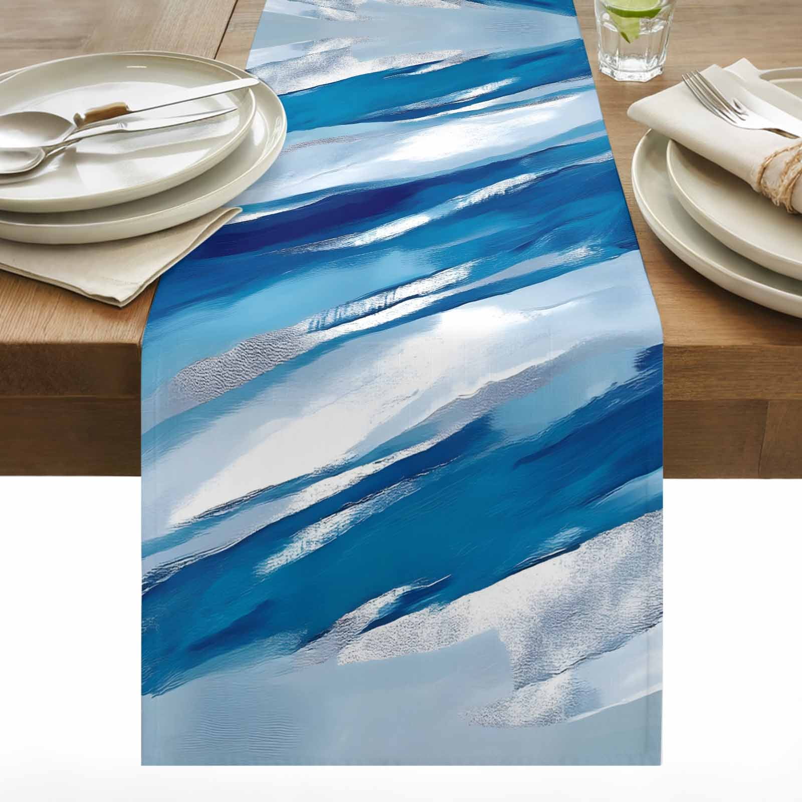 Blue Abstract Table Runner 13x36 inch Retro Watercolor Ripple Cotton ...