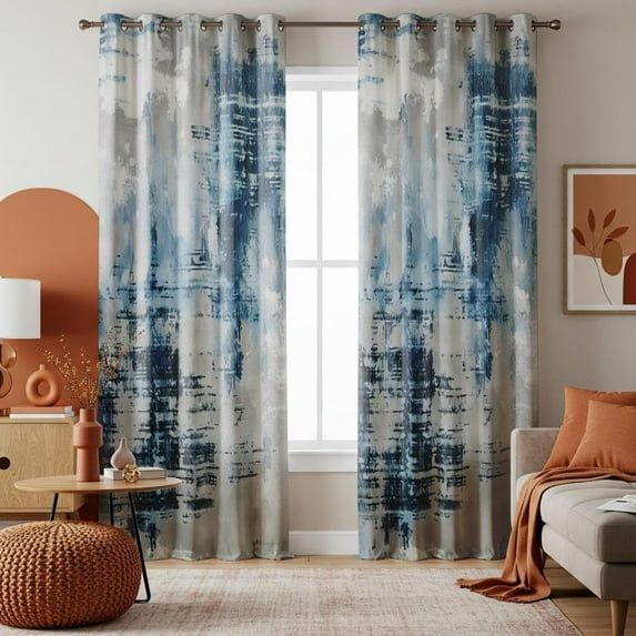Blue Abstract Textured Curtains, Modern Watercolor Drapes, Navy Grey ...